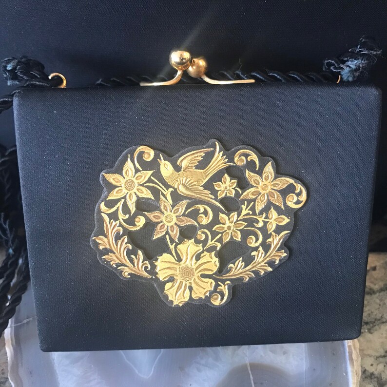Vanity Black Fabric Gold Bird Floral Motif Compact Carry-all - Etsy