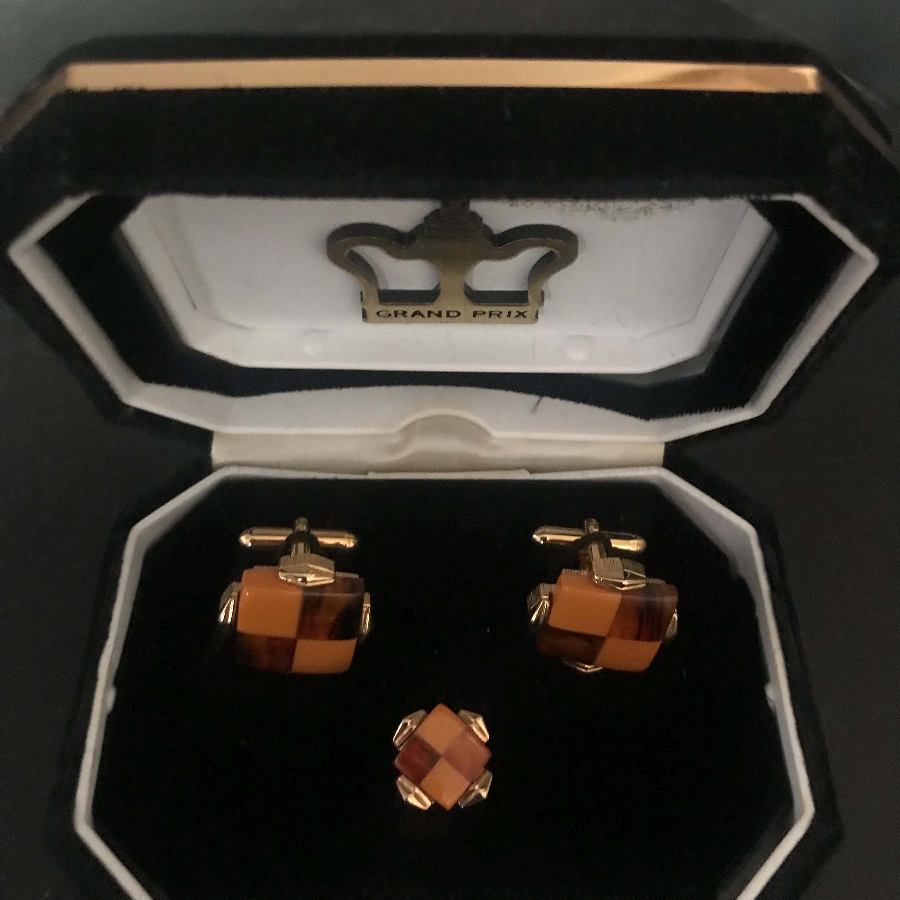 Grand Prix Vintage Black Velvet Box & Tortoise Shell Cuff Link Tie Tac ...