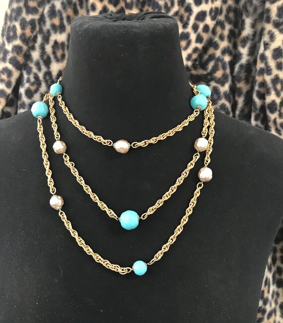 60 Inch Long Gold Tone Metal Chunky Chain Aqua Beaded 1960s | Etsy