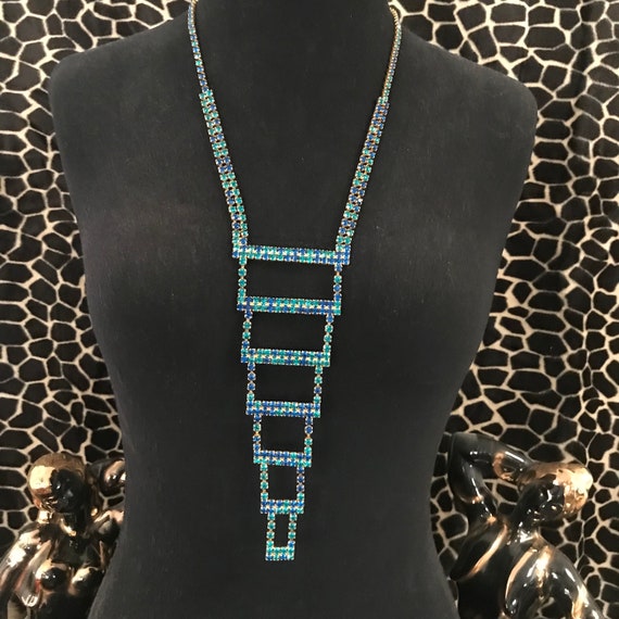 Vintage Blue Green Rhinestone Long Statement Necklace… - Gem