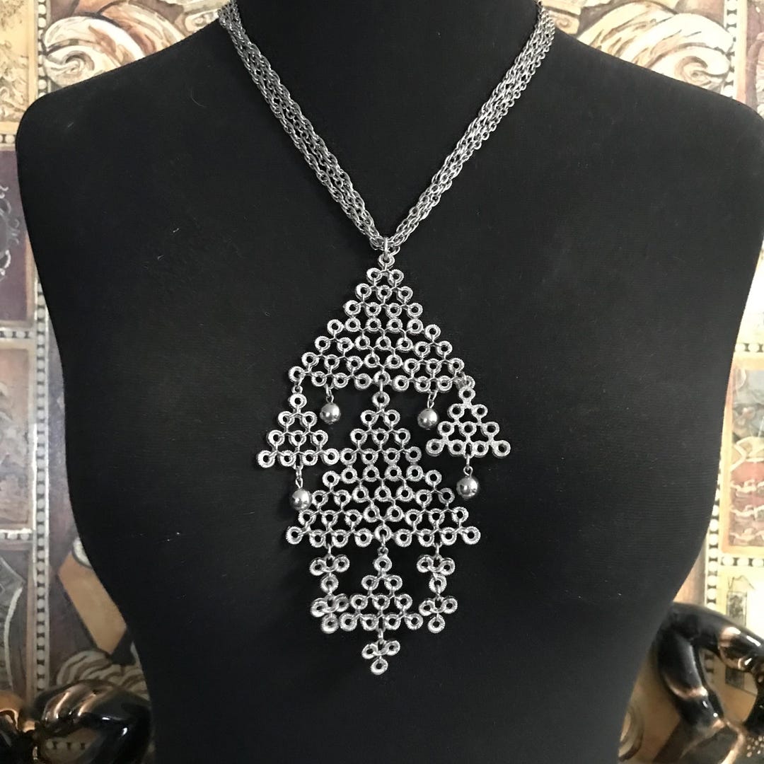 Vintage Statement Tassel Fringe Runway Silver Tone Necklace, 1960's ...