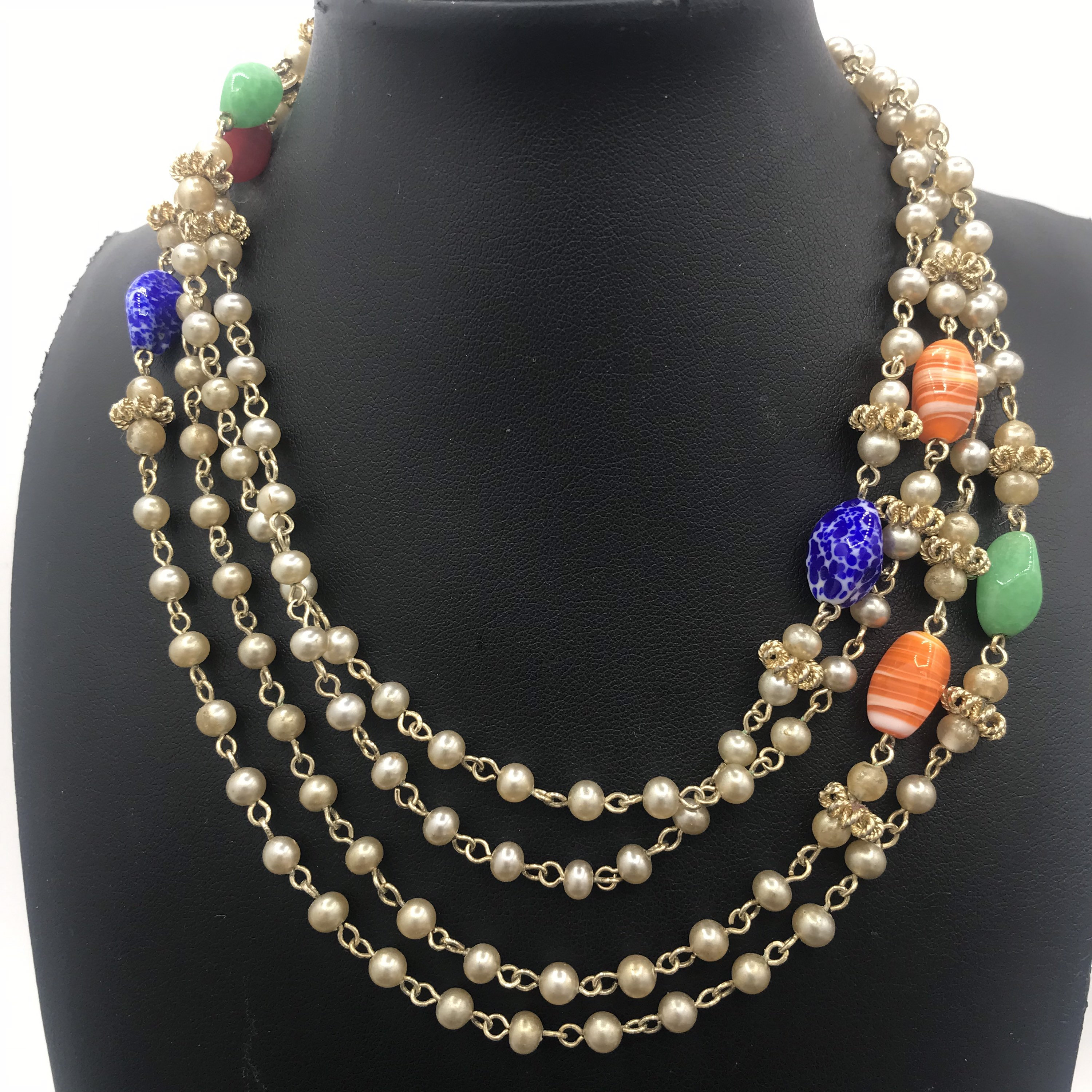 Art Deco Flapper Necklace, Colorful Glass & Faux Pearl, 62 Inch Vintage ...