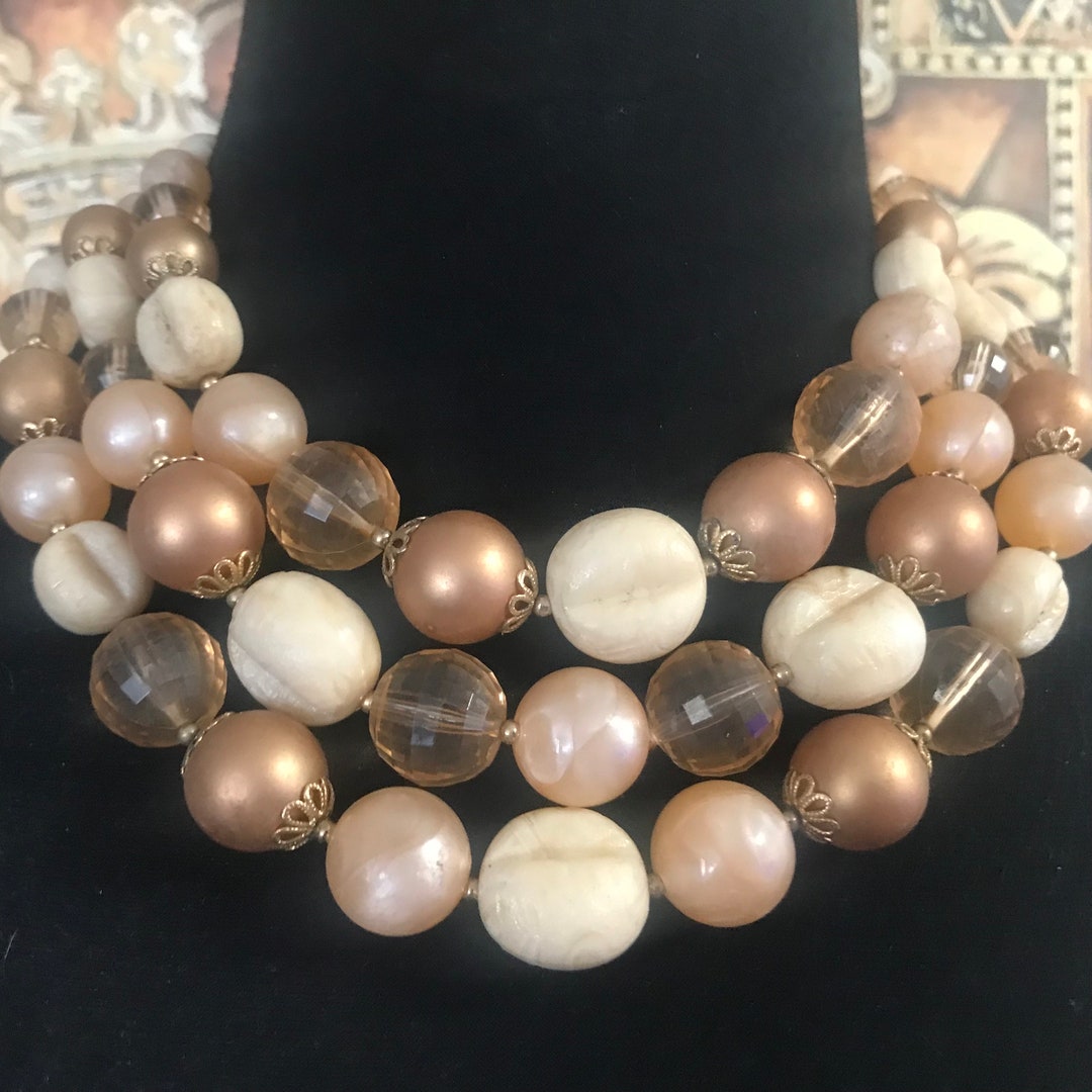 Coro Designer Signed Necklace, Vintage Beige Necklace, Multi 3 Strand ...