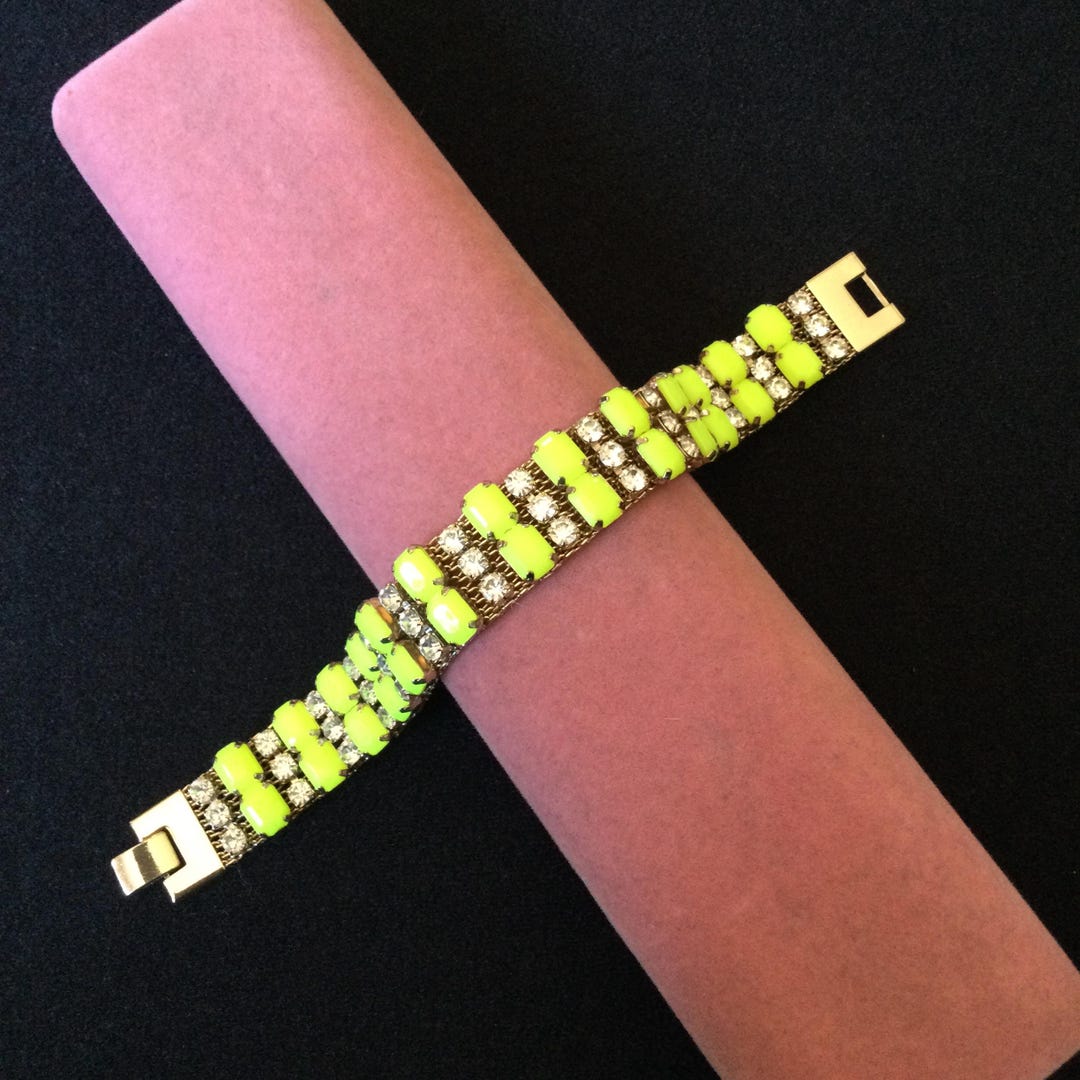 Vintage Neon Yellow Gold Tone Metal Mesh Rhinestone Bracelet, 1950's ...