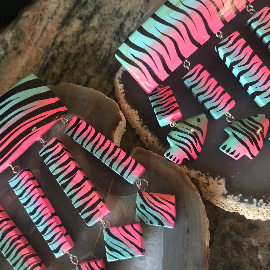 1980s Aqua Blue Pink Zebra Animal Print Fun Wooden Hair | Etsy