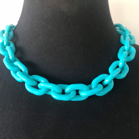 Vintage Aqua Blue Chunky Chain Necklace & Big Bold Bu… - Gem