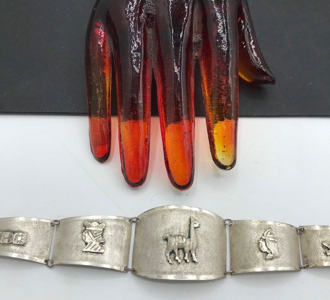 1960's 1970's Llama Indian People Motif Silver Bracelet, Sterling Mid ...