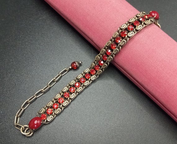 Vintage Unsigned D. Pollak Red Rhinestone Bracelet - Gem