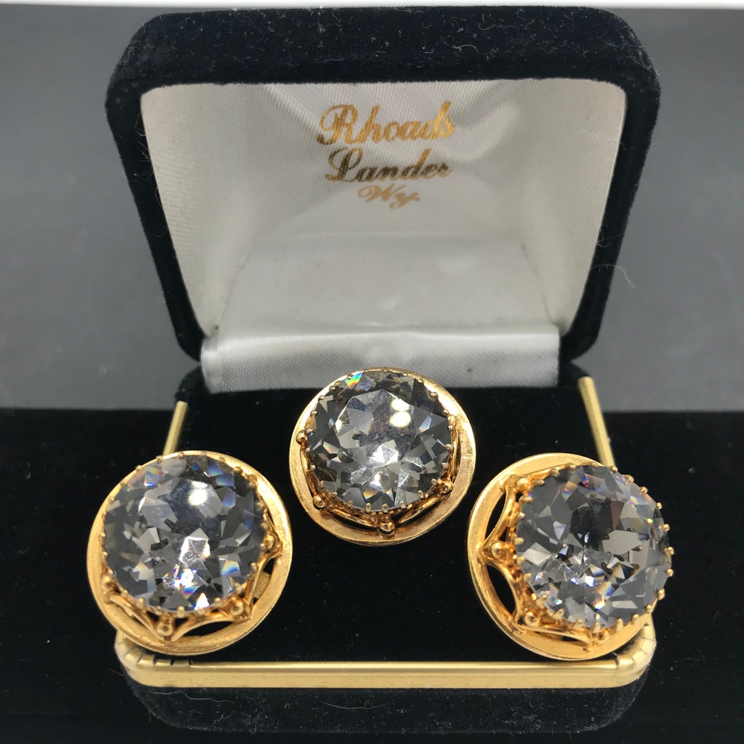 Vintage Jewelry Set, 1950s Charcoal Rhinestone Adjustable Ring & Clip ...