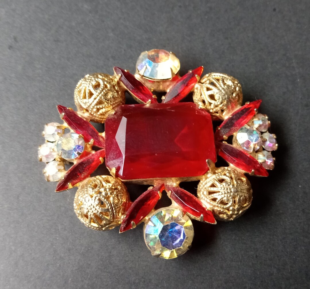 Vintage Red Rhinestone Brooch Pin 1950's 1960's Jewelry - Etsy