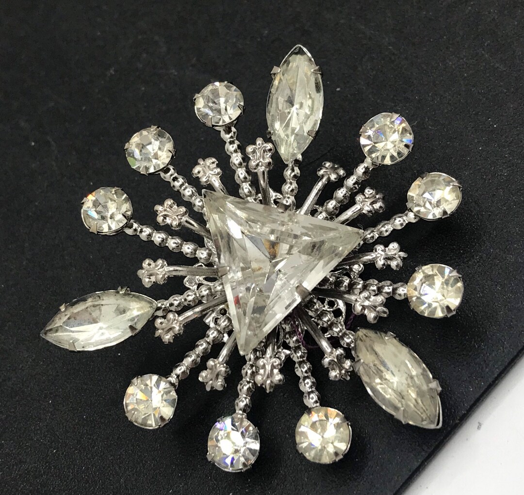 Clear Triangle Rhinestone Brooch Vintage Glass Pin, 1950's 1960's ...