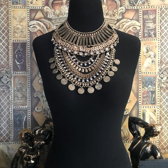 Vintage Rhinestone Huge Statement Bib Necklace - Gem
