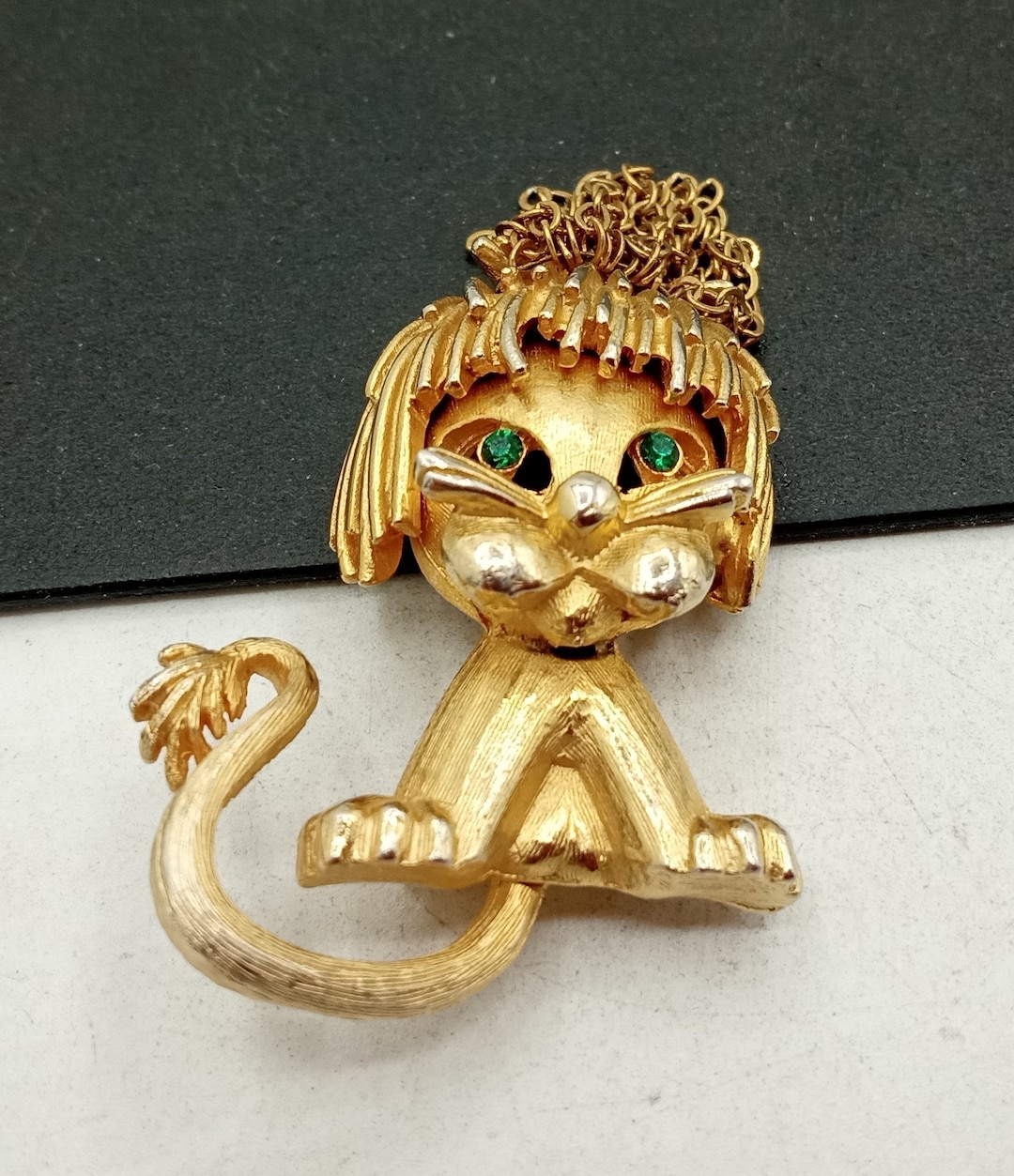 Mandle Vintage Signed Green Rhinestone Eyes Lion Brooch Pin 1950's 1960 ...