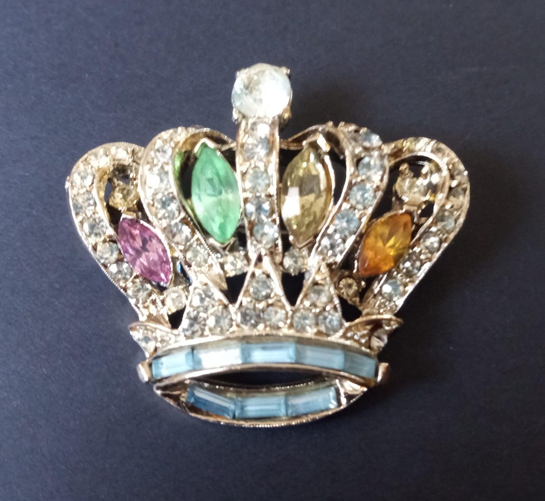 Pell Designer Signed Brooch, Vintage Rhinestone Crown Brooch Pin, 1950 ...