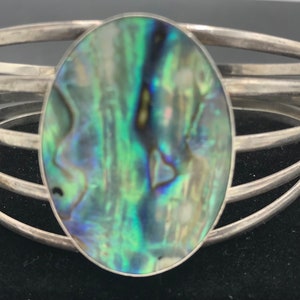 Sterling Silver Bracelet, Signed 925 Abalone Shell High-end Wide Cuff ...