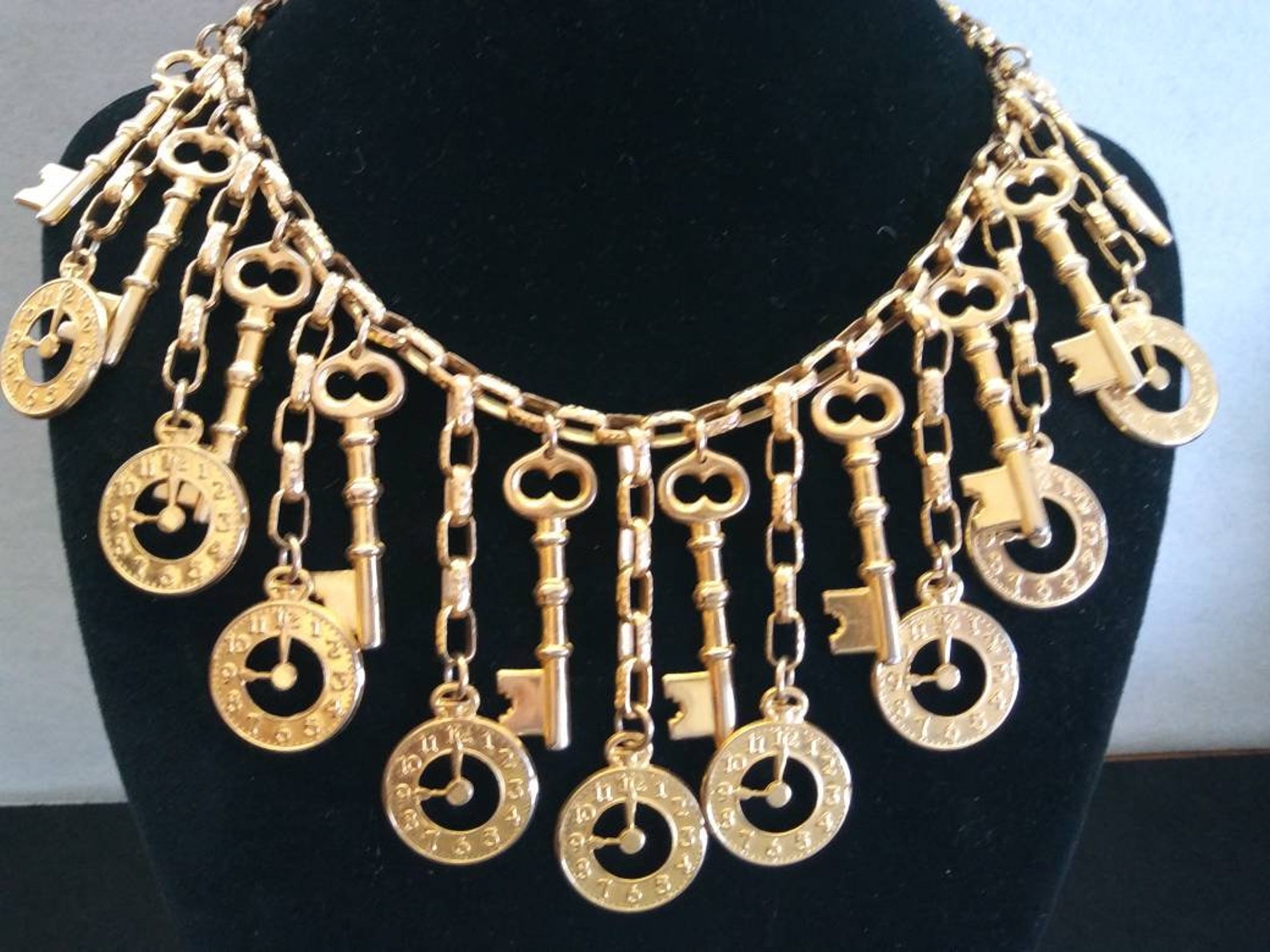 Stylish Vintage Key Clock Charm Bib Statement Pendant Fringe - Etsy