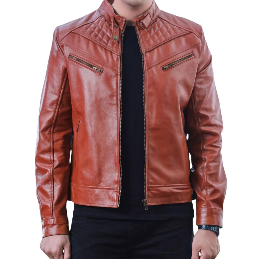 Classic Tan Brown Leather Biker Jacket With Padding Detail - Etsy