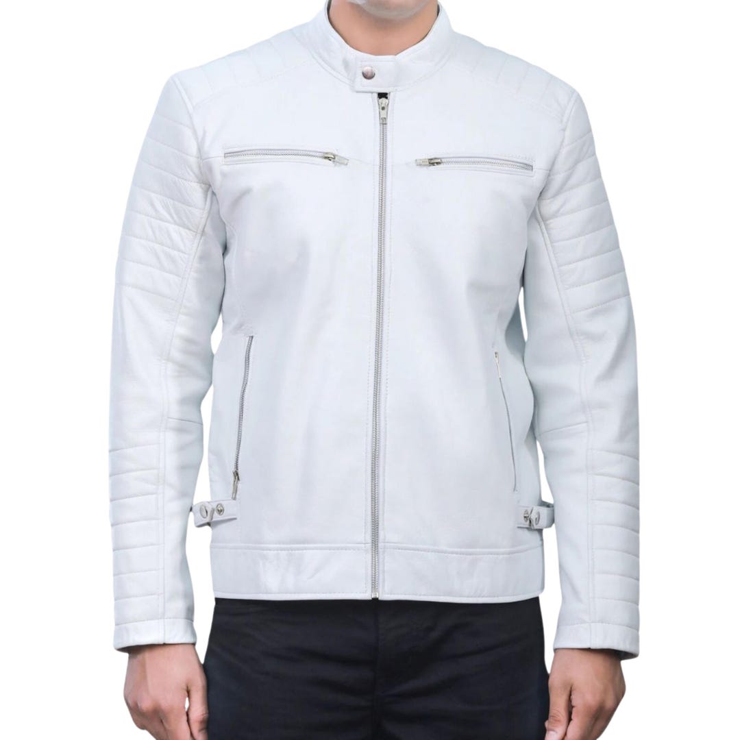 Men’s Modern White Leather Jacket With Front Zipper - Etsy