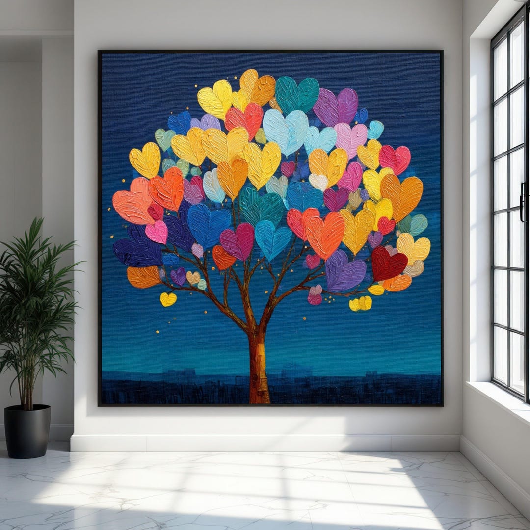 Colorful Heart Tree Canvas Wall Art, Vibrant Abstract Love Leaves ...