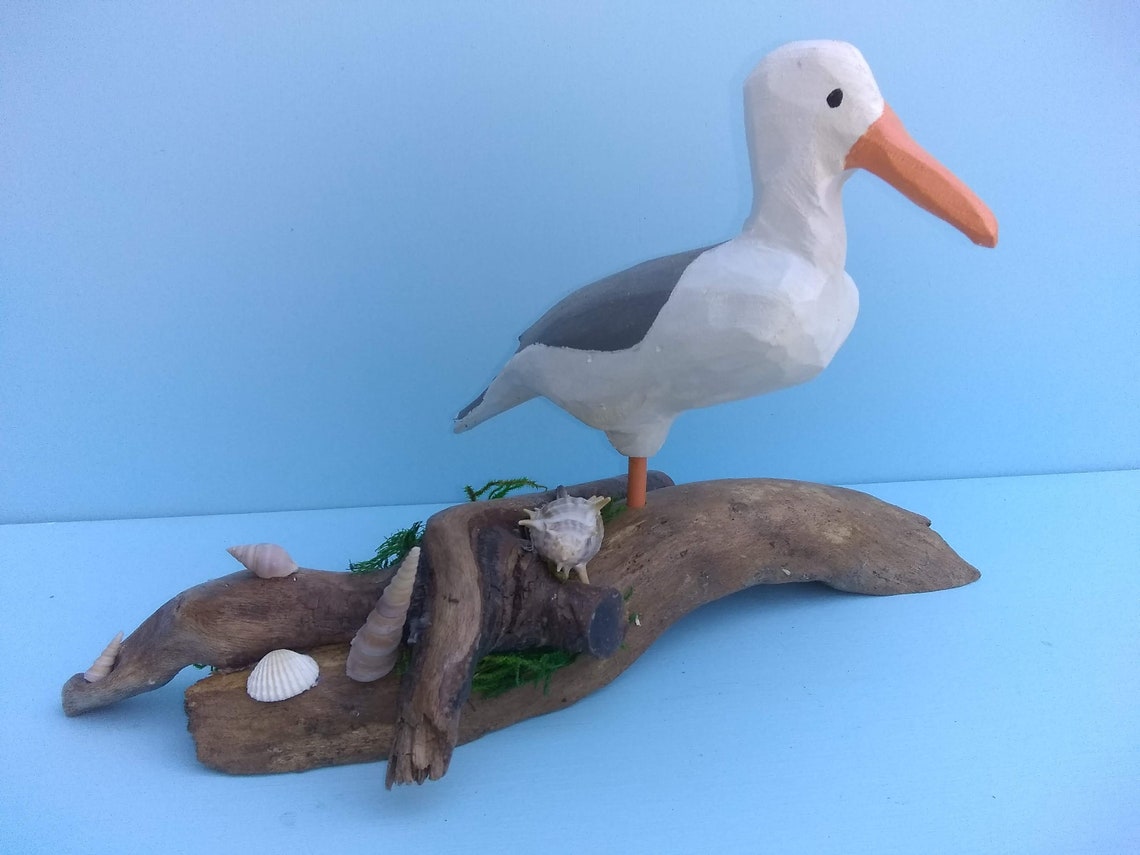 SEAGULL FOLK ART, Seagull on Driftwood, Wood Sculpture, Hand Carved ...