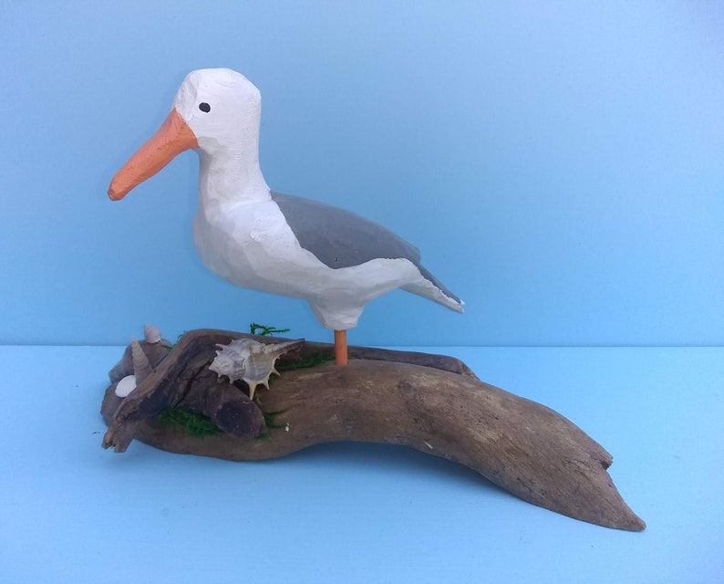SEAGULL FOLK ART, Seagull on Driftwood, Wood Sculpture, Hand Carved ...
