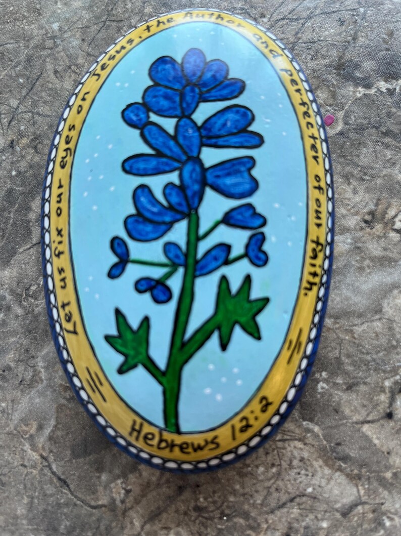 Scripture Rock With Bluebonnet Floral Design - Hebrews 12:2 - Etsy