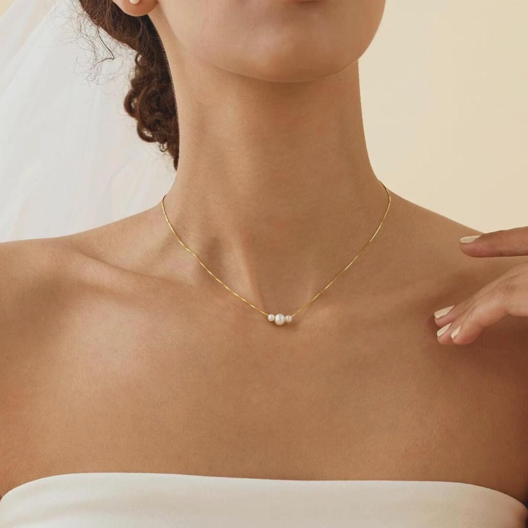14K Gold Plated Three-pearl Necklace – Dainty Bridal Pendant - Etsy