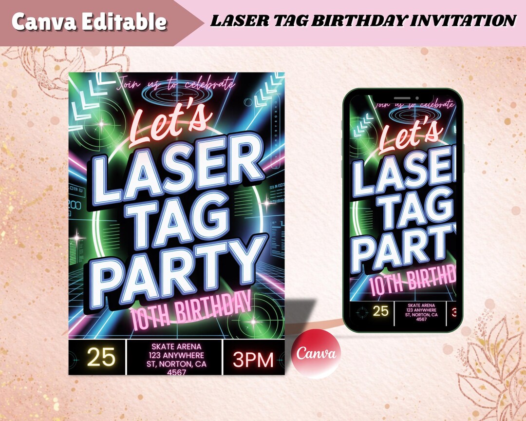 Editable Laser Tag Birthday Invitation, Neon Birthday Party Invite, Boy ...