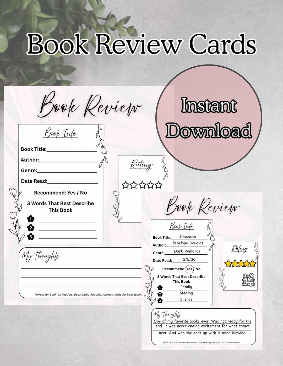 Book Review Cards Printable Booktok Reading Journal Book Lover Digital ...