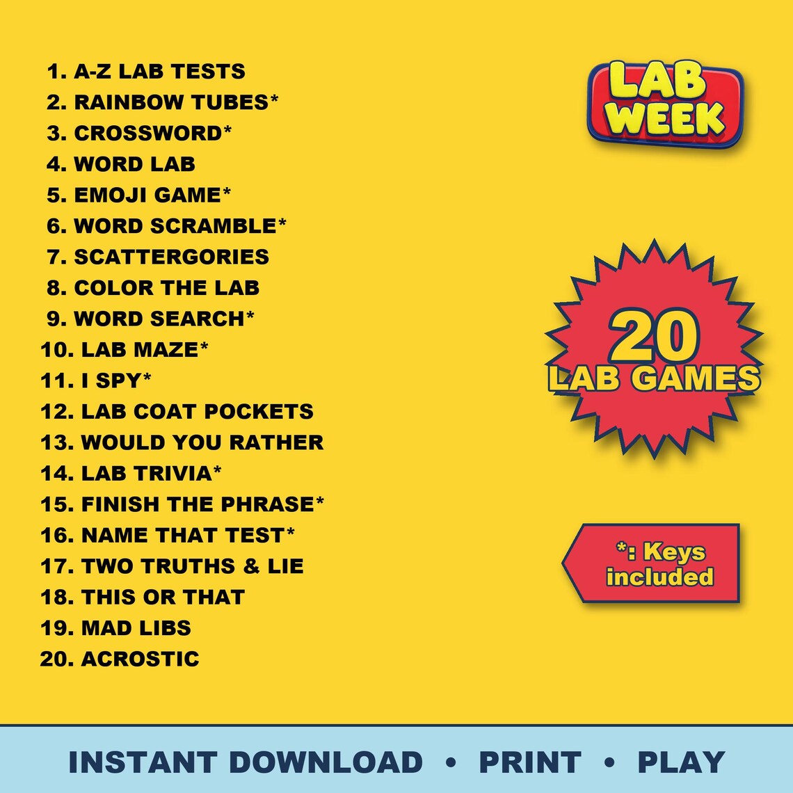 Lab Week Games Bundle | 20 Printable Activities, Host Guide (PDF) - Etsy