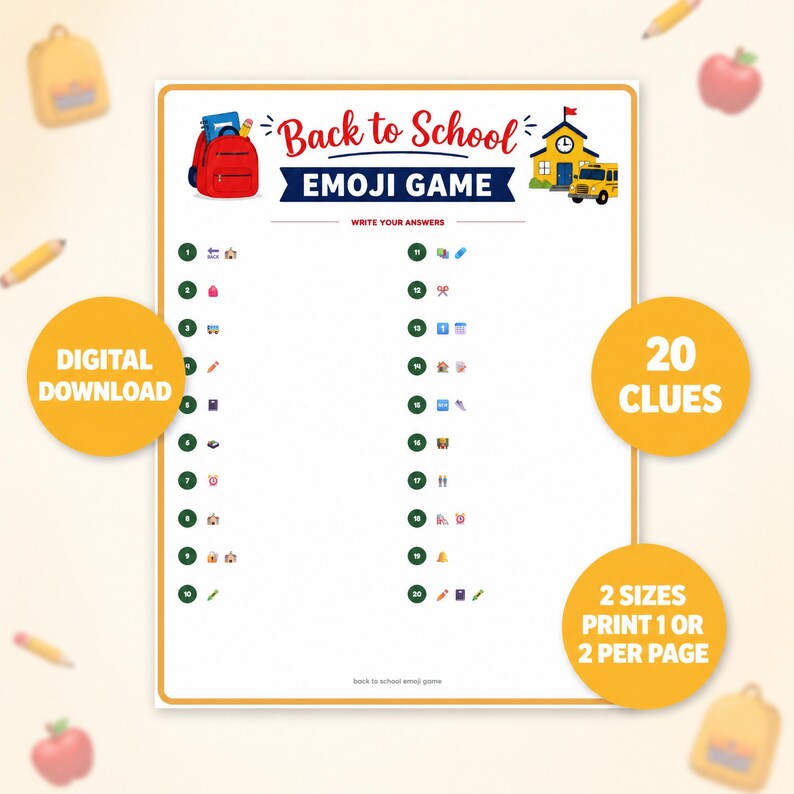 Back to School Emoji Game | Party Activity | 20 Clues (instant Download ...