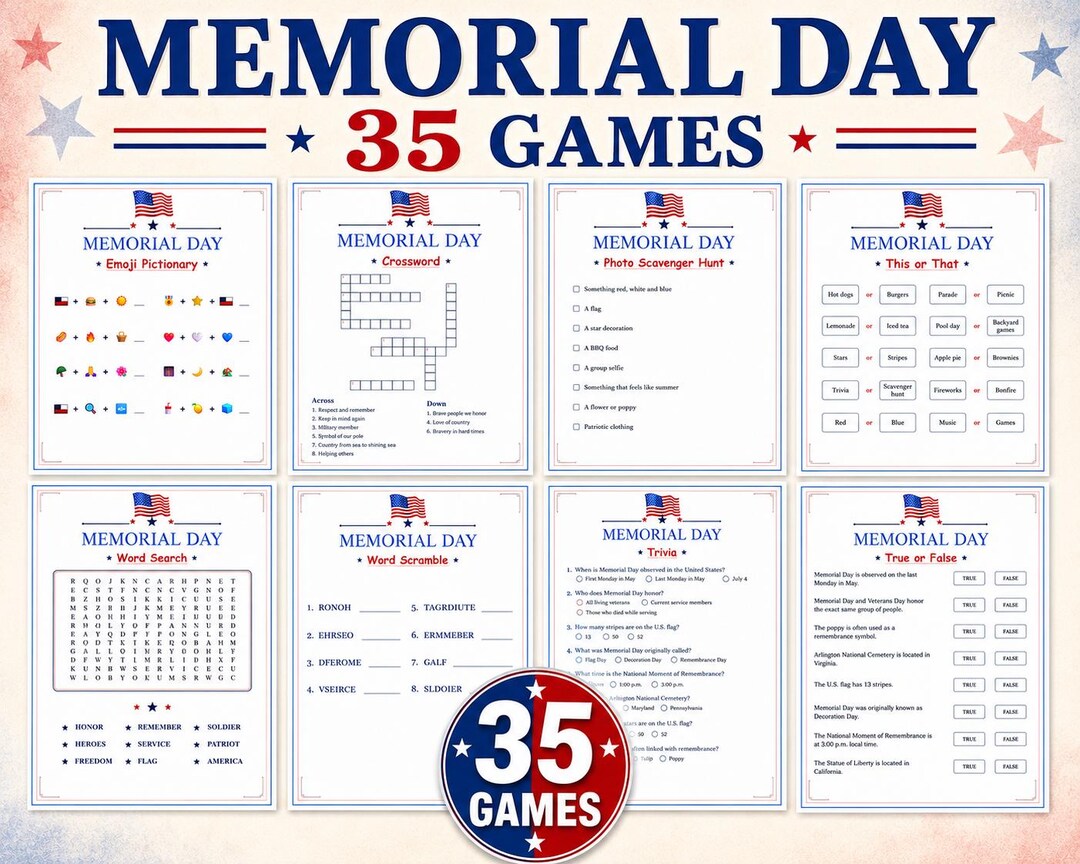 Memorial Day Games Bundle, Printable Party Activities (digital Download ...