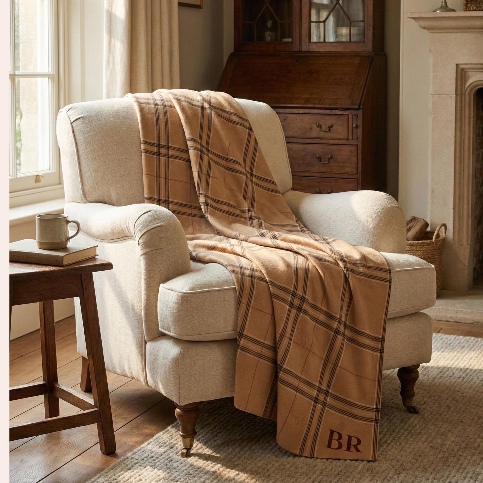Plaid Blanket, Custom Initials Throw, Beige Tartan Design, Home Decor ...