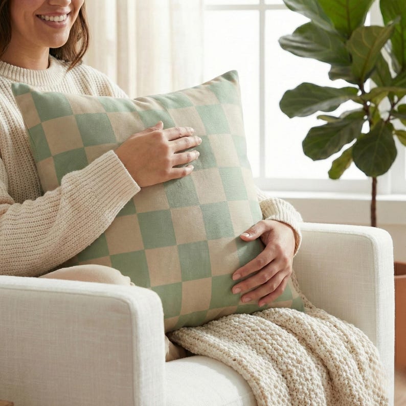 Checkerboard Mid Century Modern Pillow Cover, Cozy Plaid Cushion ...