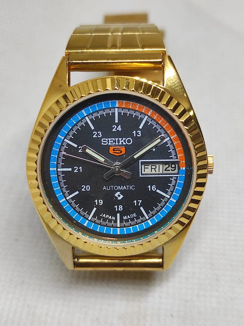 Vintage Seiko 5 Automatic Men's Watch: Black Dial, Gold Plated - Etsy
