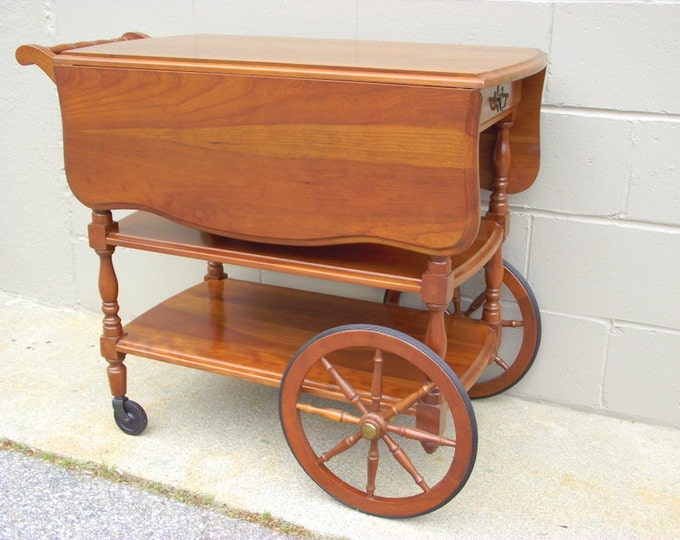 Solid Cherry Harden Tea Cart Double Drop Leaf Serving Rolling Wheels ...