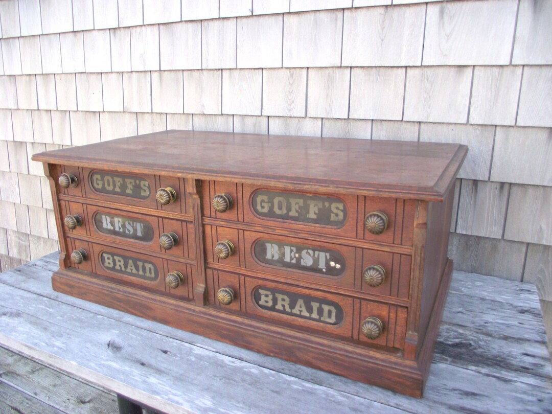 Antique Thread Spool Cabinet Advertising Goff's Braid 6 Drawer Oak Wood ...