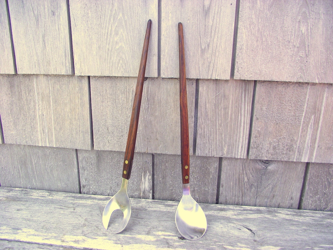 Mid-century German Walnut Salad Servers - Minimalist Spoon Fork ...