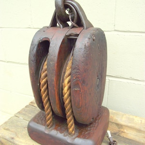 Huge Antique Nautical Industrial Wooden Pulley Block Table Lamp Decor ...
