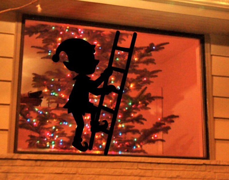 Large Elf on Ladder Christmas Window Cling Decal | Reusable| Holiday ...