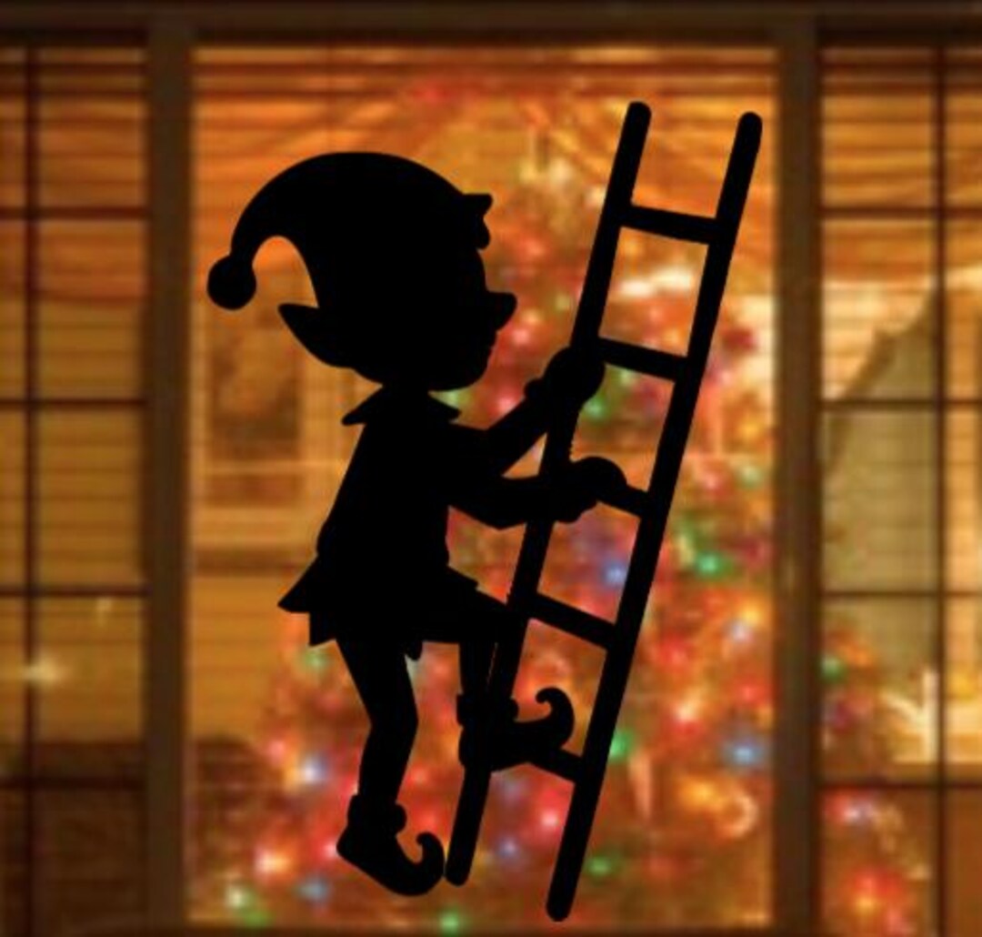 Large Elf on Ladder Christmas Window Cling Decal | Reusable| Holiday ...