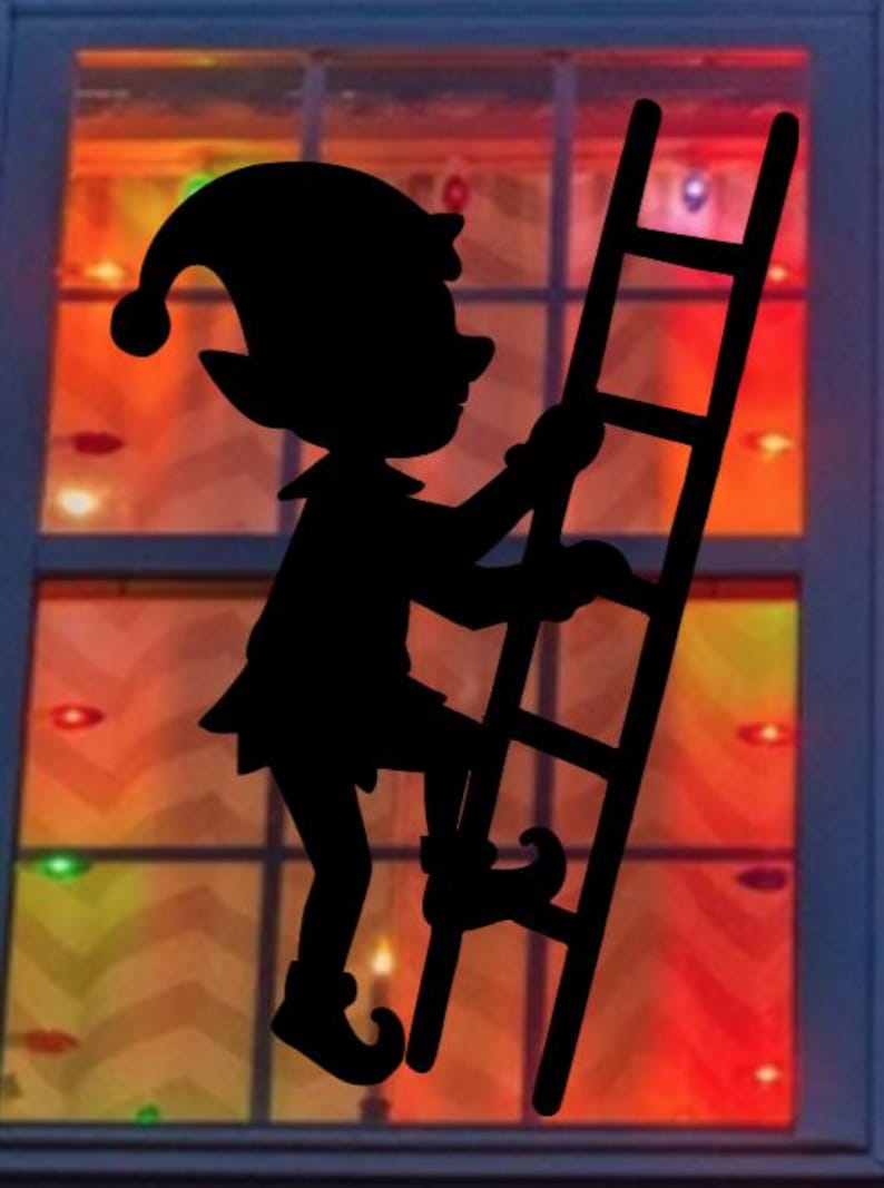 Large Elf on Ladder Christmas Window Cling Decal | Reusable| Holiday ...