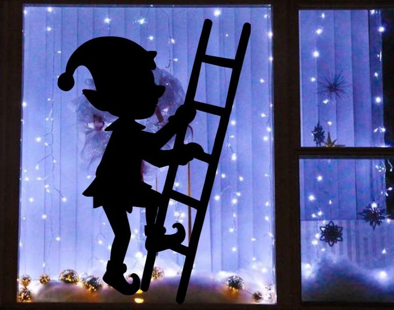 Large Elf on Ladder Christmas Window Cling Decal | Reusable| Holiday ...