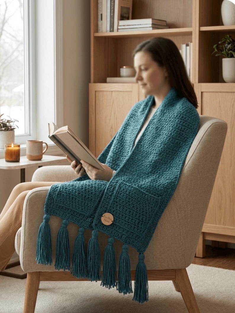 Even Moss Stitch Pocket Shawl Crochet Pattern, Textured Cozy Wrap ...