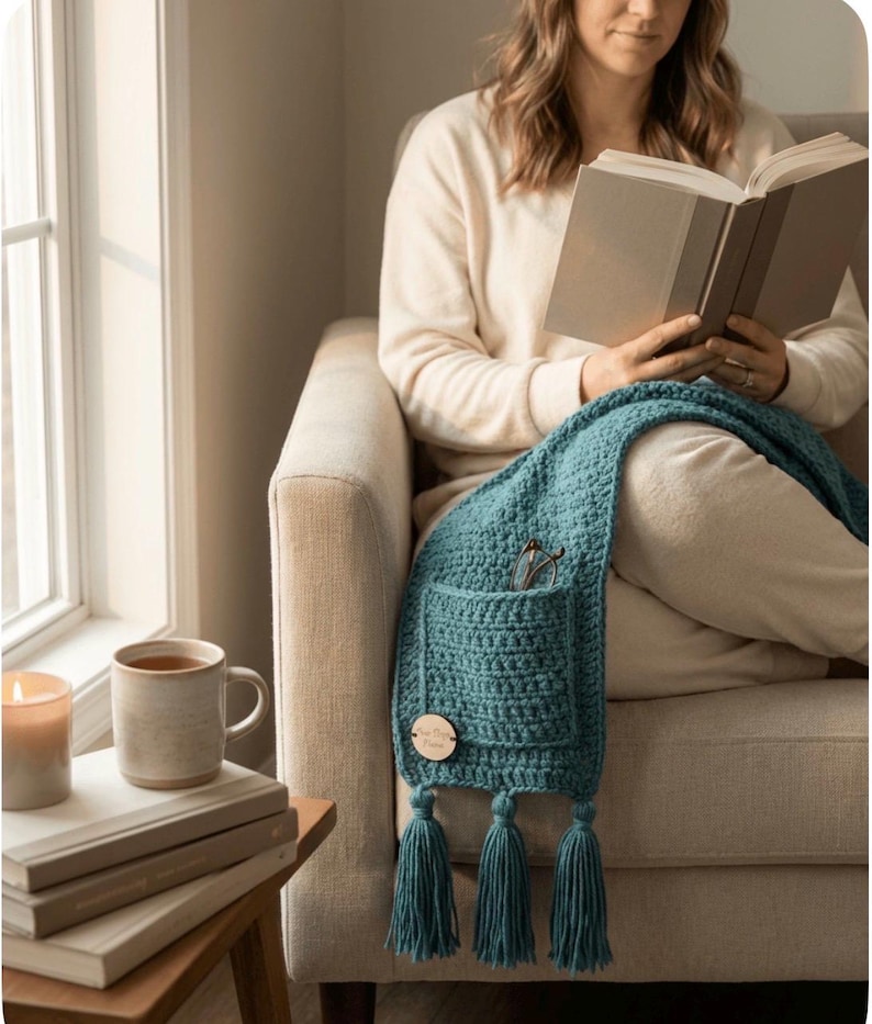 Even Moss Stitch Pocket Shawl Crochet Pattern, Textured Cozy Wrap ...