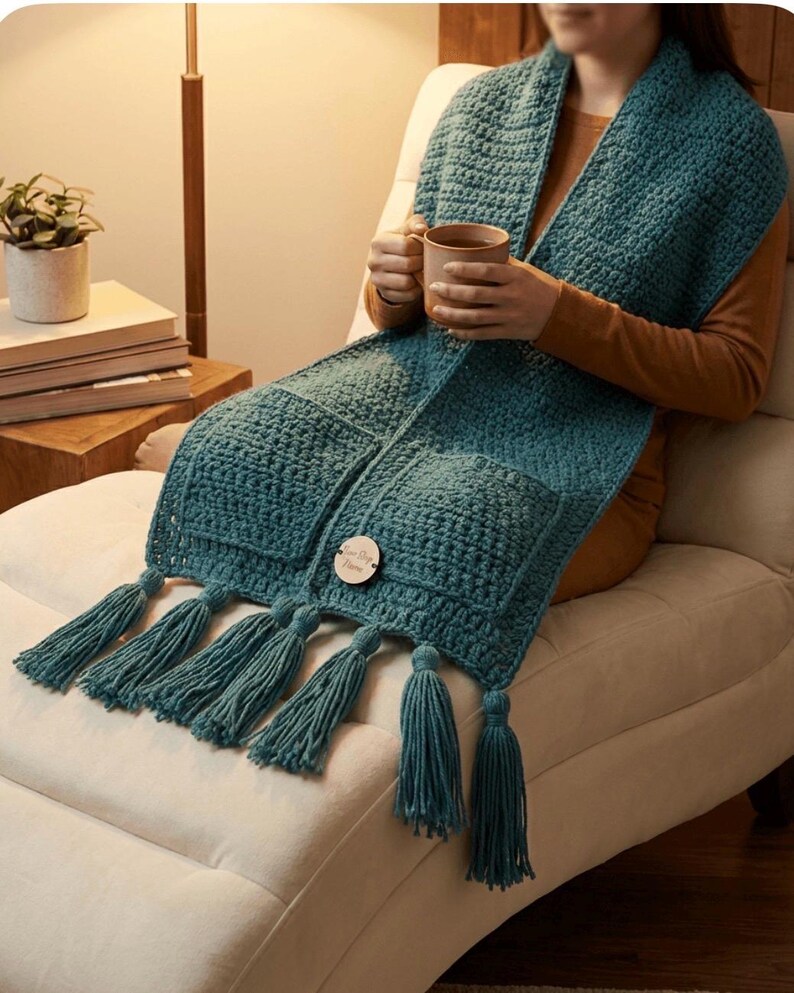 Even Moss Stitch Pocket Shawl Crochet Pattern, Textured Cozy Wrap ...