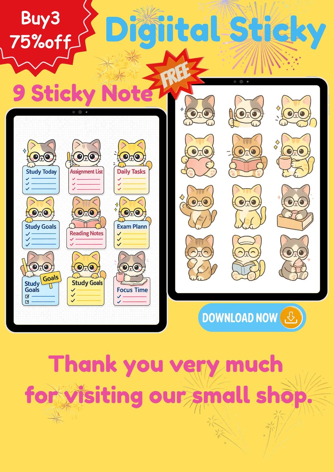Kawaii Cat Sticky Notes | Pastel School Planner Notes | Cute Study Cat ...