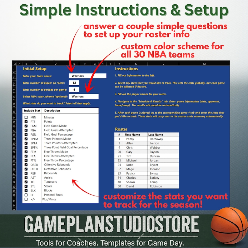 Basketball Season Stats Tracker Excel Template | Automated + Customized ...