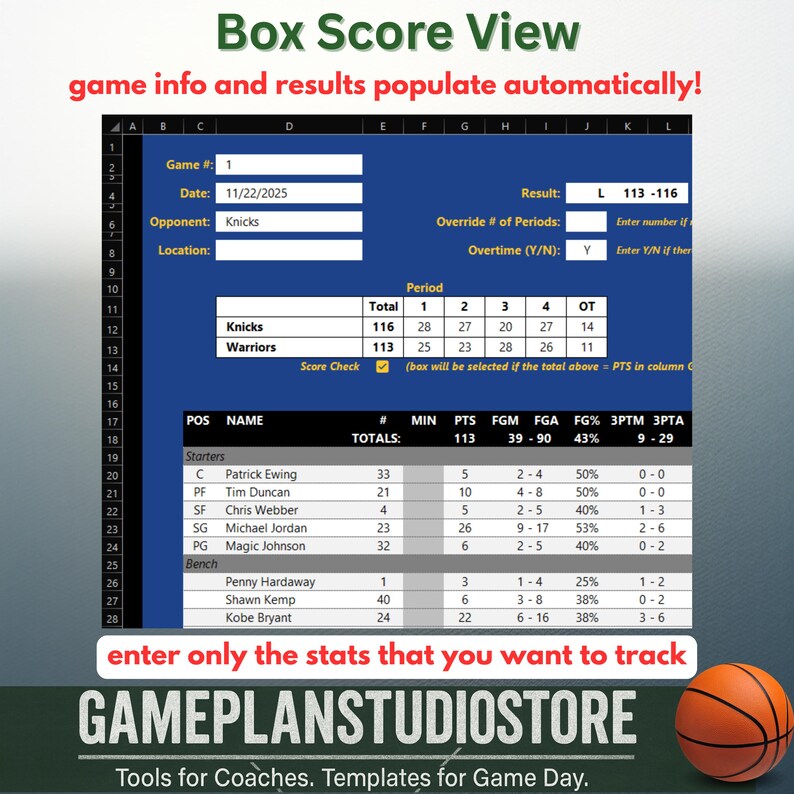 Basketball Season Stats Tracker Excel Template | Automated + Customized ...