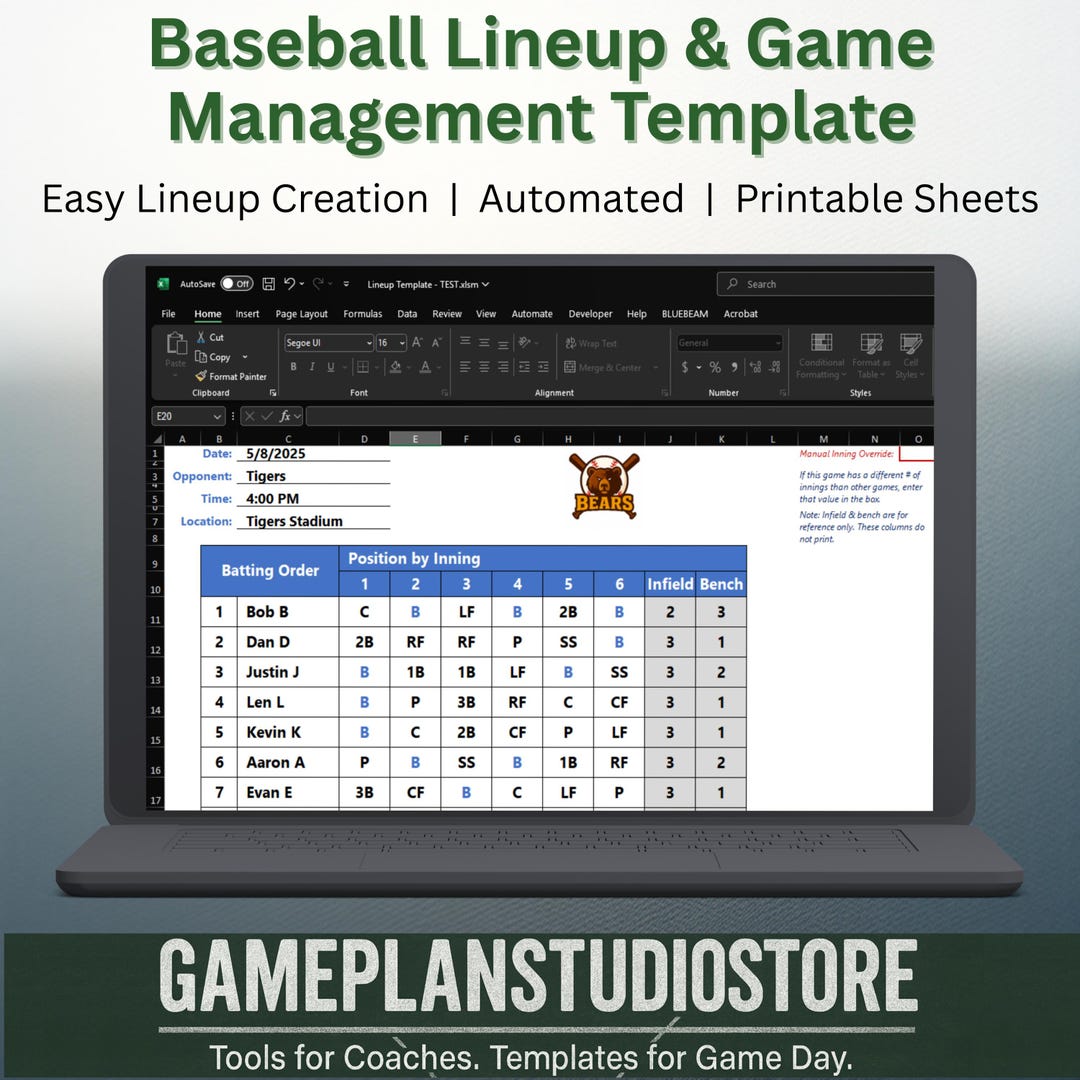 Youth Baseball Lineup Template | Automated Game Planner (excel - Macro ...